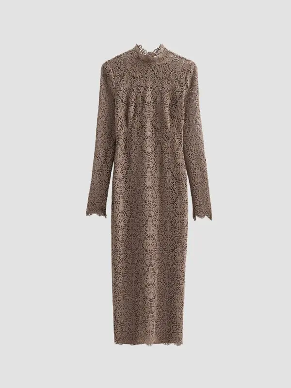 Lela Rose Chenille Lace Long-sleeve Midi-dress