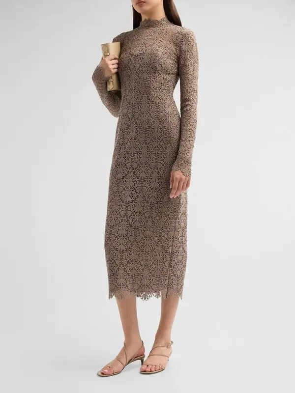 Lela Rose Chenille Lace Long-sleeve Midi-dress