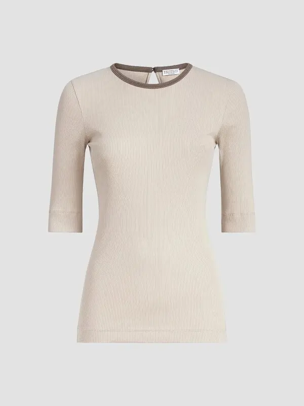 Brunello Cucinelli Stretch Cotton Ribbed Jersey Top With Shiny Trim