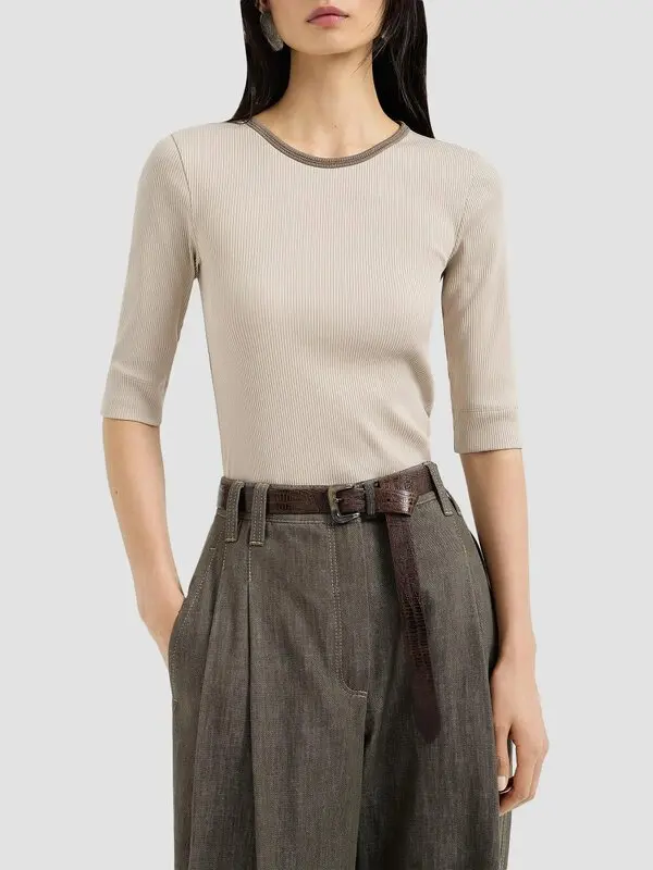 Brunello Cucinelli Stretch Cotton Ribbed Jersey Top With Shiny Trim
