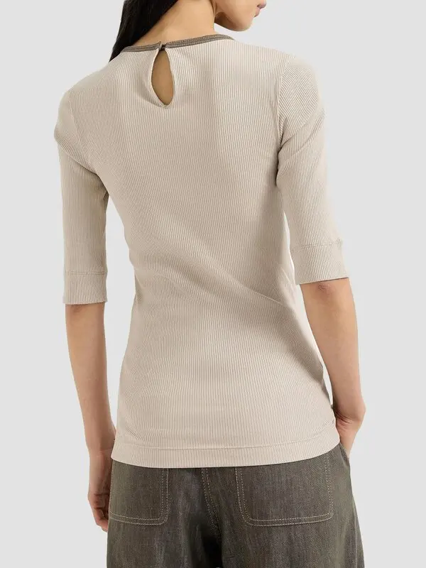 Brunello Cucinelli Stretch Cotton Ribbed Jersey Top With Shiny Trim