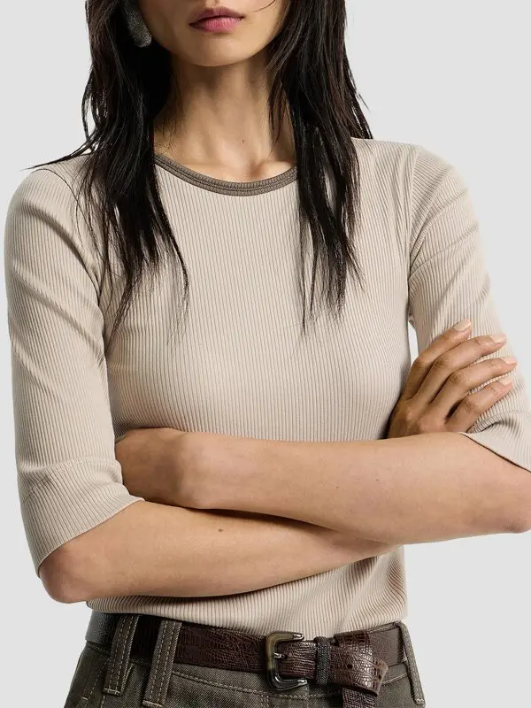 Brunello Cucinelli Stretch Cotton Ribbed Jersey Top With Shiny Trim