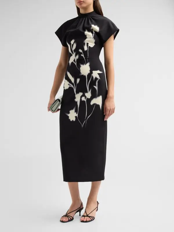 Lela Rose Stella Floral Crepe Midi-dress