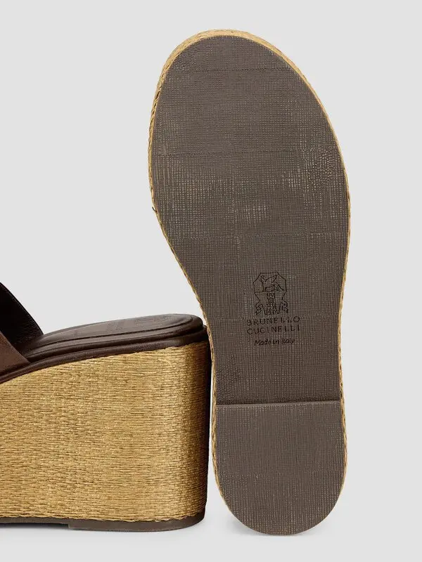 Brunello Cucinelli 80mm Leather-raffia Wedge Sandals