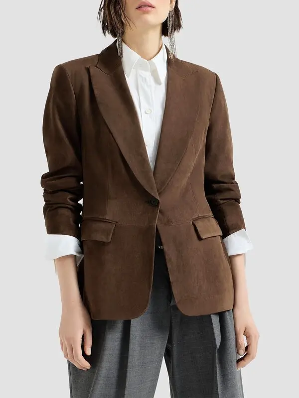 Brunello Cucinelli Suede Blazer With Monili - Rust Brown