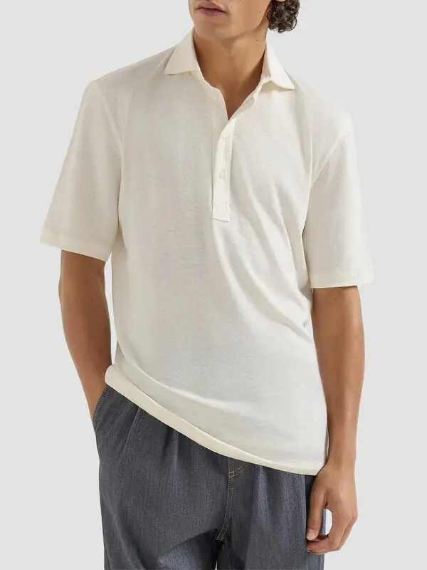 Brunello Cucinelli Linen And Cotton Mélange Jersey Polo With Shirt Style Collar - Panama