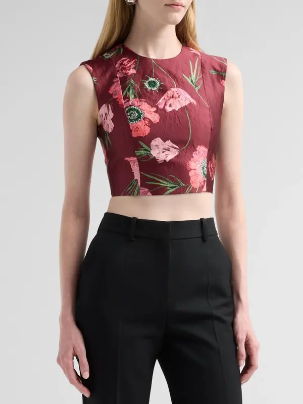 Erdem Floral Textured Satin Crop Top - Ruby Red
