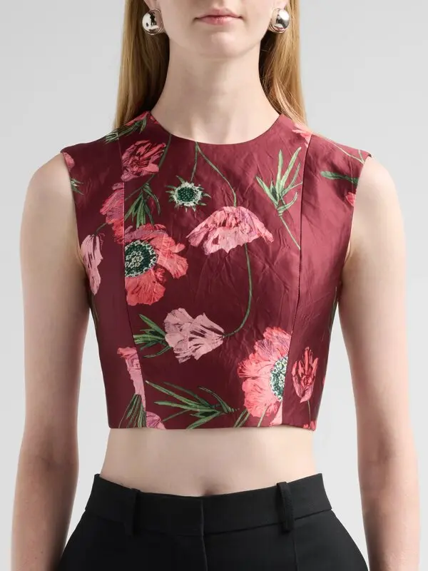 Erdem Floral Textured Satin Crop Top - Ruby Red