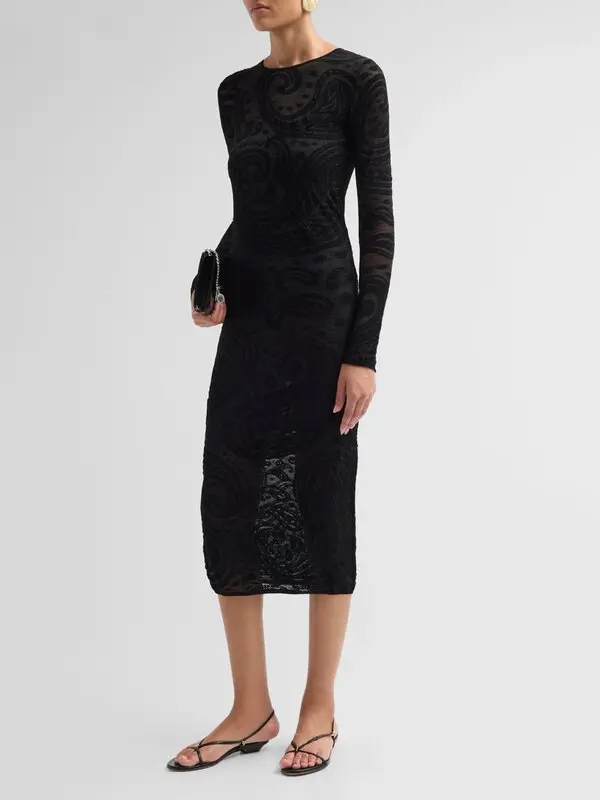 Etro Paisley Mesh Sheath Midi Dress - Black