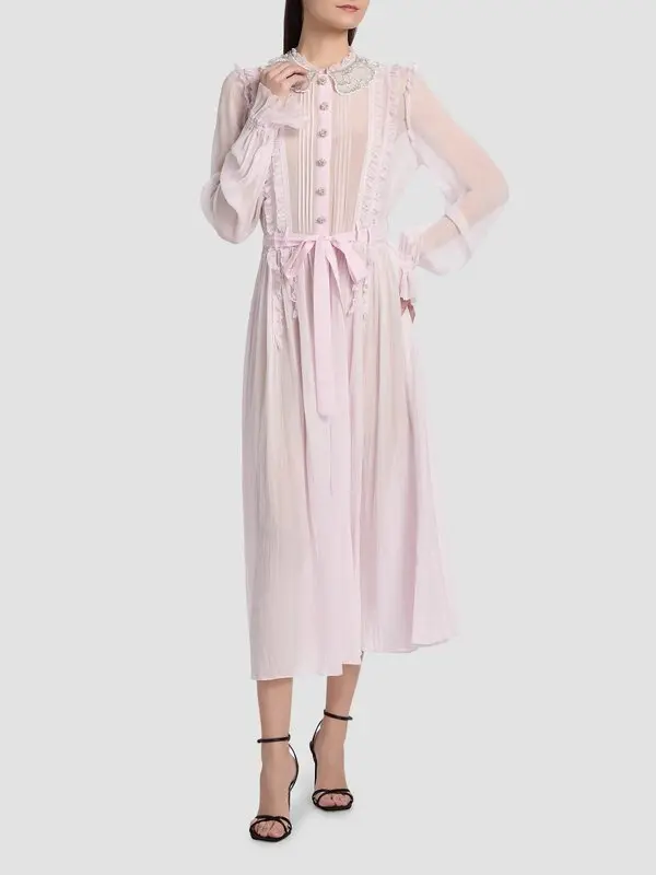 SELF-PORTRAIT Pleated Embellished Belted Midi-dress