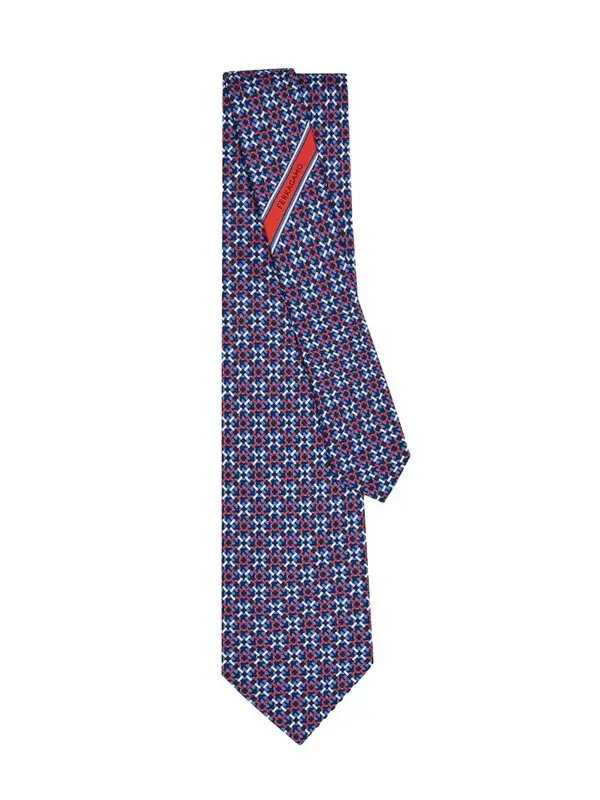 FERRAGAMO Anteo Gancio Woven Silk Tie - Navy Rosso