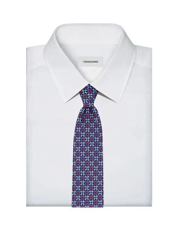 FERRAGAMO Anteo Gancio Woven Silk Tie - Navy Rosso