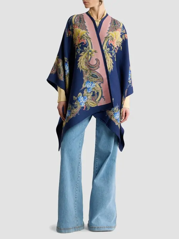Etro Paisley Wool-blend Jacquard Cape - Blue