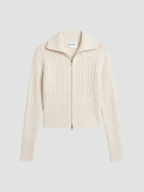 Good American The Cable Cashmere-wool Zip-front Sweater - Chalk