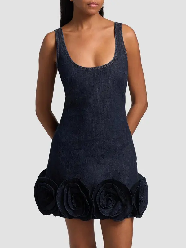 SELF-PORTRAIT Flower Appliqué Denim Minidress