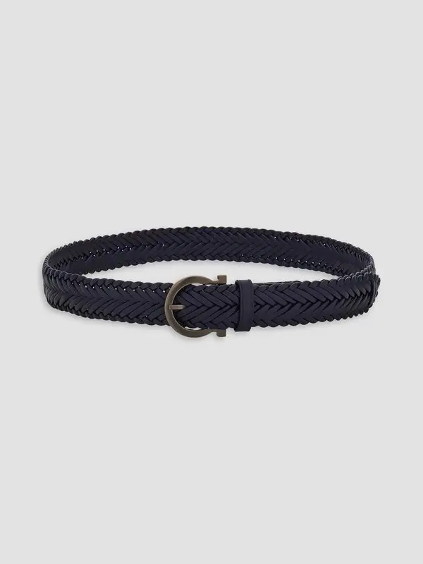 FERRAGAMO Testa Di Woven Leather Belt - Navy