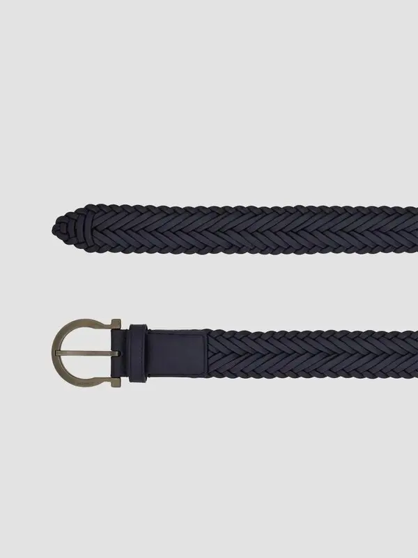 FERRAGAMO Testa Di Woven Leather Belt - Navy