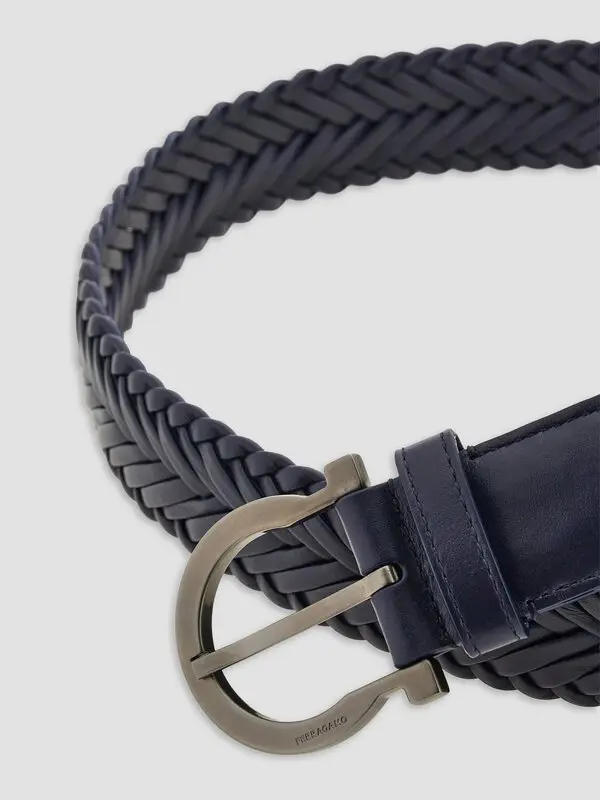 FERRAGAMO Testa Di Woven Leather Belt - Navy