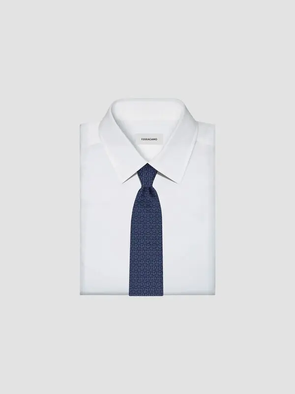 FERRAGAMO Garbo Gancini Jacquard Silk Tie - Navy
