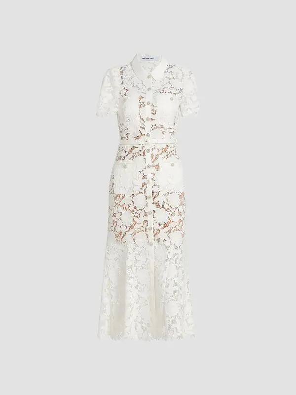 SELF-PORTRAIT Tie-waist Lace A-line Midi-shirtdress - White