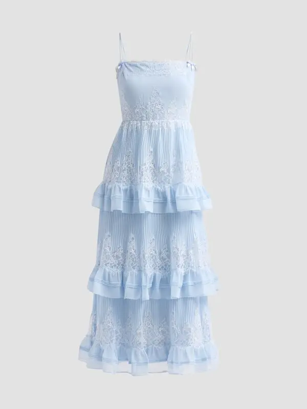 SELF-PORTRAIT Chiffon Lace Tiered Midi Dress