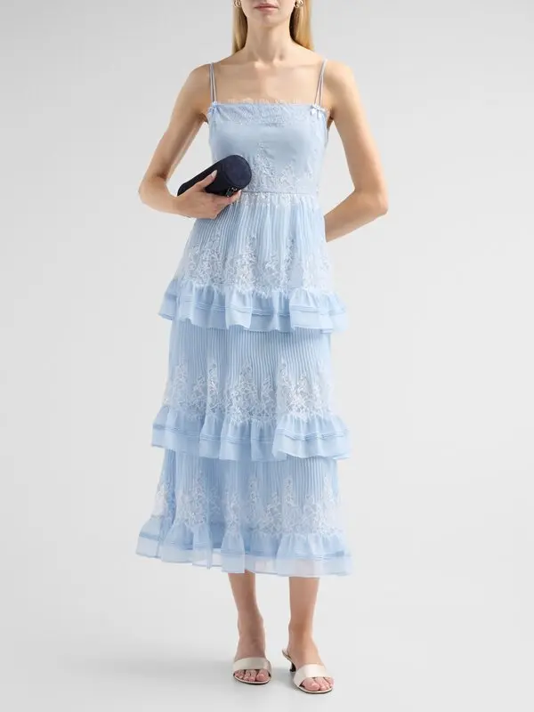 SELF-PORTRAIT Chiffon Lace Tiered Midi Dress