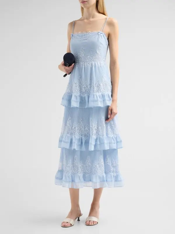 SELF-PORTRAIT Chiffon Lace Tiered Midi Dress