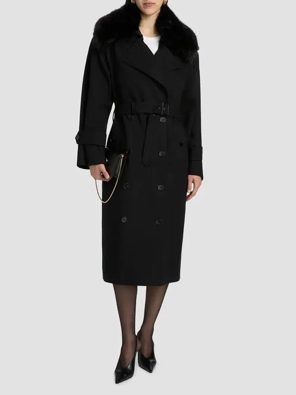 SELF-PORTRAIT Faux Fur Collar Twill Trench Coat