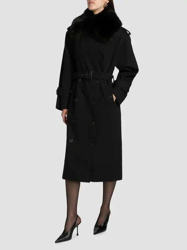 SELF-PORTRAIT Faux Fur Collar Twill Trench Coat