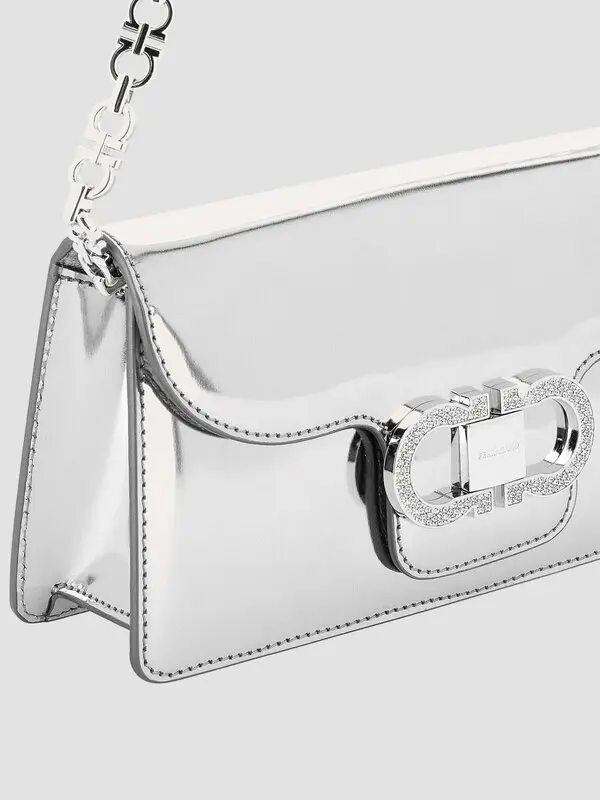 FERRAGAMO Mini Gancini Leather Shoulder Bag - Argento