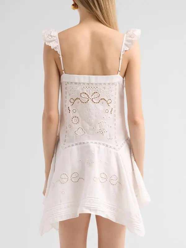 SELF-PORTRAIT Embroidered Linen-cotton Handkerchief Mini Dress