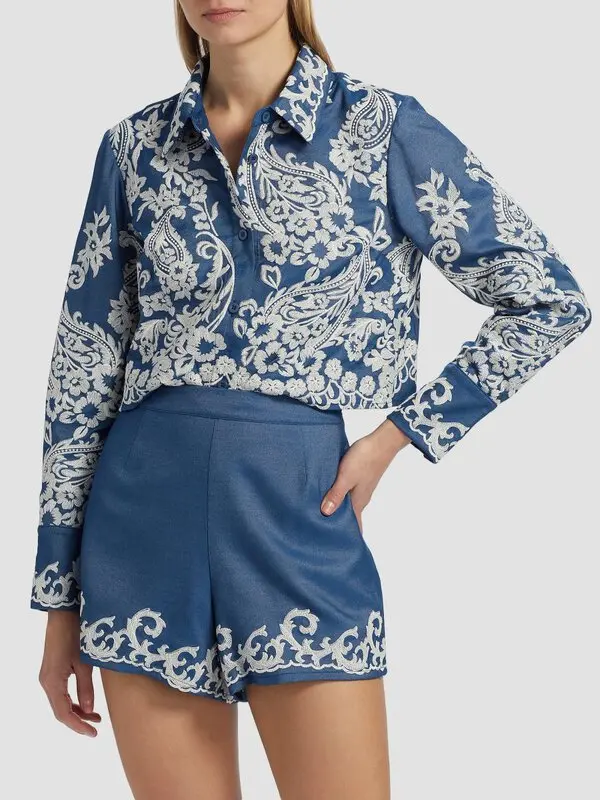 IF ONLY STUDIO Embroidered Chambray Crop Long-sleeve Shirt