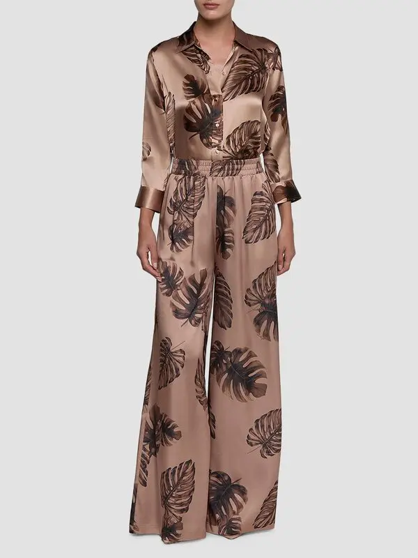 L'Agence Lillian Leaf-print Satin Wide Leg Pants