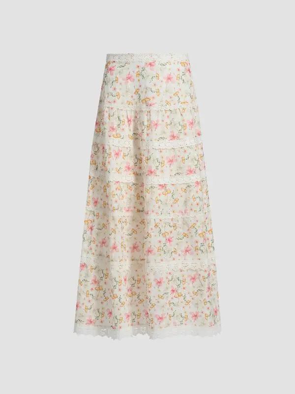 IF ONLY STUDIO Floral Crochet-trim Midi-skirt