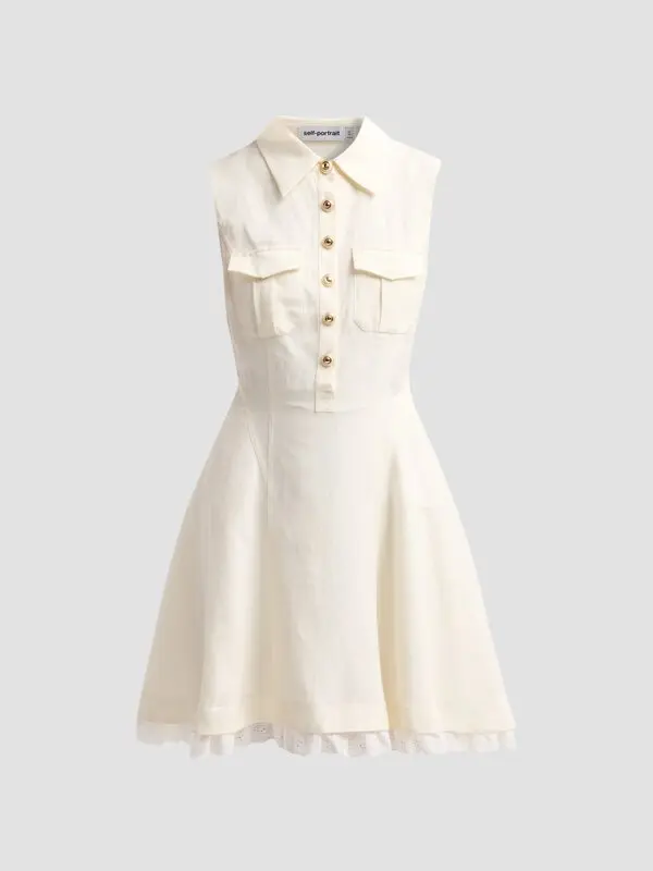 SELF-PORTRAIT Linen Sleeveless Mini Shirtdress