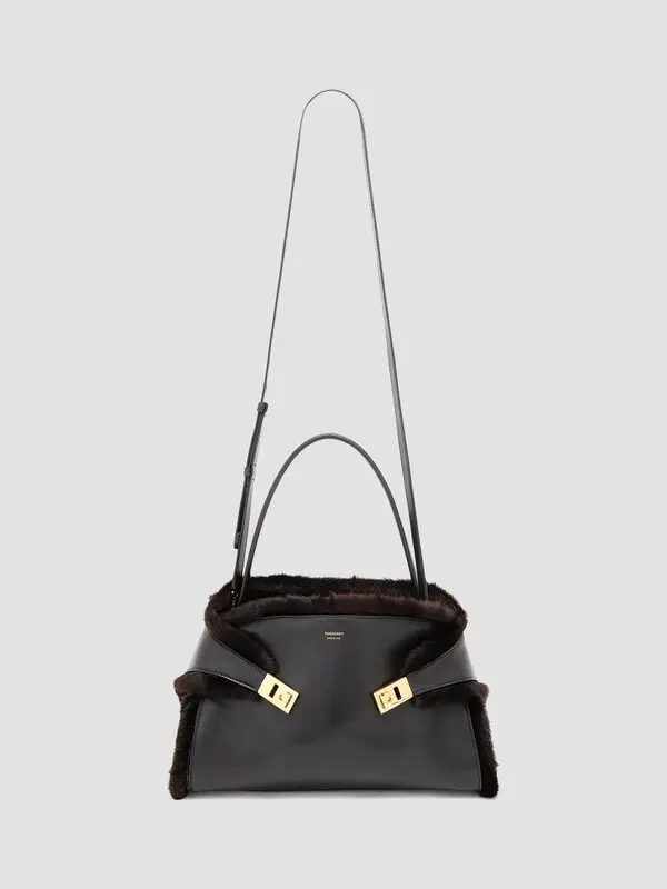 FERRAGAMO Medium Hug Leather & Shearling Tote Bag