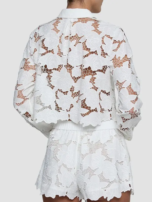 L'Agence Seychelle Floral Cotton Open-knit Crop Shirt - Ivory
