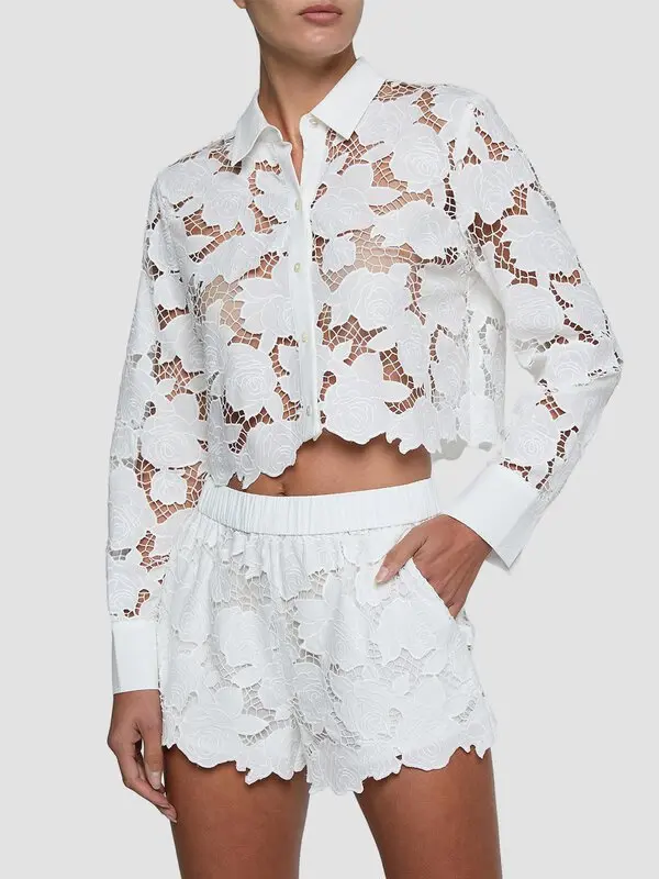 L'Agence Seychelle Floral Cotton Open-knit Crop Shirt - Ivory