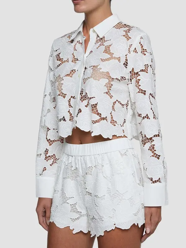 L'Agence Seychelle Floral Cotton Open-knit Crop Shirt - Ivory