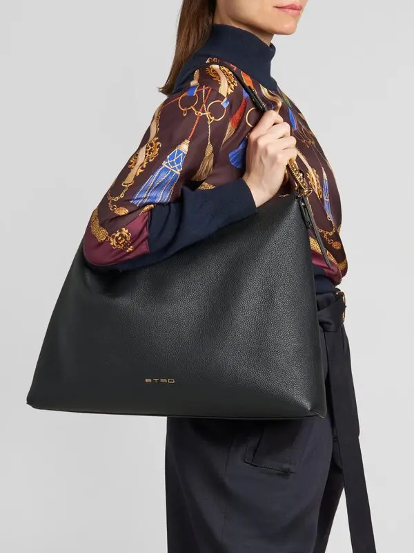 Etro Large Tumbled Leather Hobo Shoulder Bag - Nero