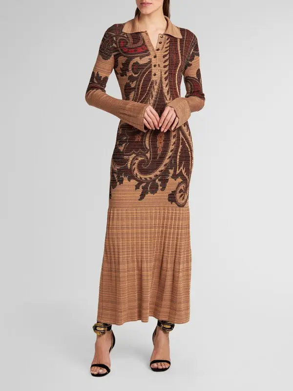 Etro Stamped Paisley Knit Polo Maxi Dress