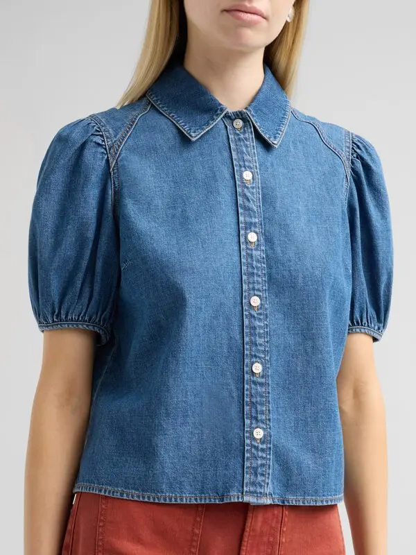 Veronica Beard Leandor Denim Puff-sleeve Top