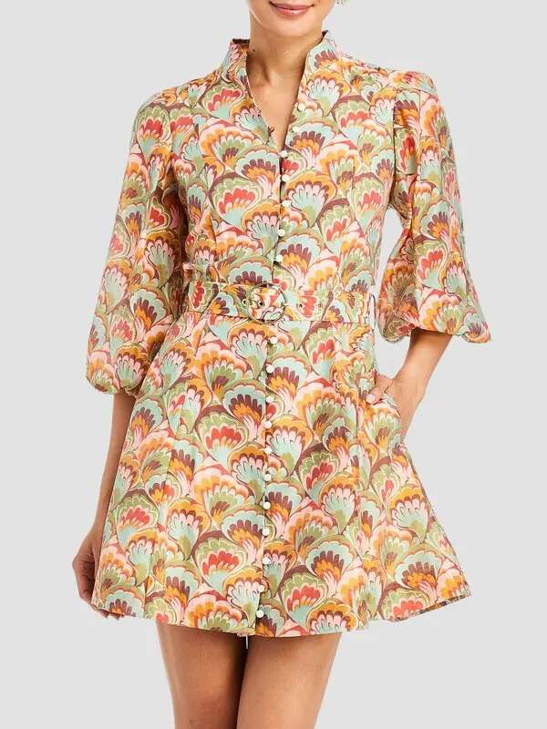 Mestiza New York Valencia Abstract Organza Belted Minidress - Marbled Multi
