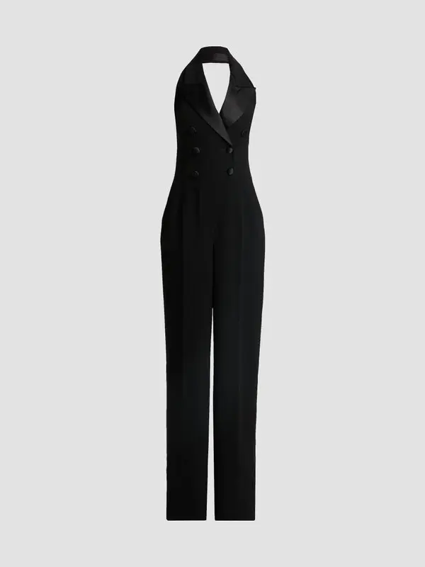 SERGIO HUDSON Satin Lapel Halter Crepe Jumpsuit - Ebony
