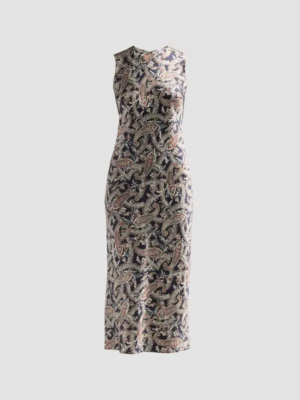 Veronica Beard Gemma Paisley Satin Sleeveless Midi Dress - Navy Multi