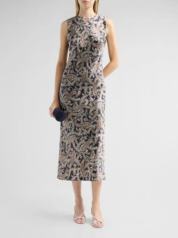 Veronica Beard Gemma Paisley Satin Sleeveless Midi Dress - Navy Multi