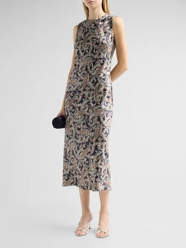Veronica Beard Gemma Paisley Satin Sleeveless Midi Dress - Navy Multi