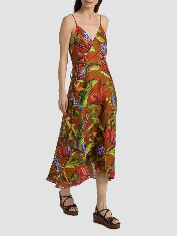 Farm Rio Floral Linen A-line Midi-wrap Dress