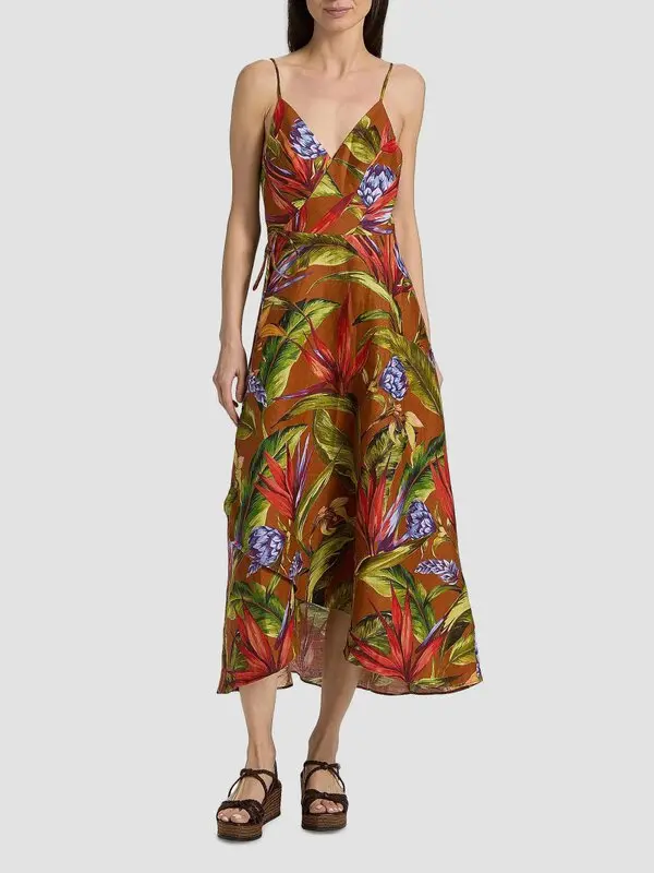 Farm Rio Floral Linen A-line Midi-wrap Dress