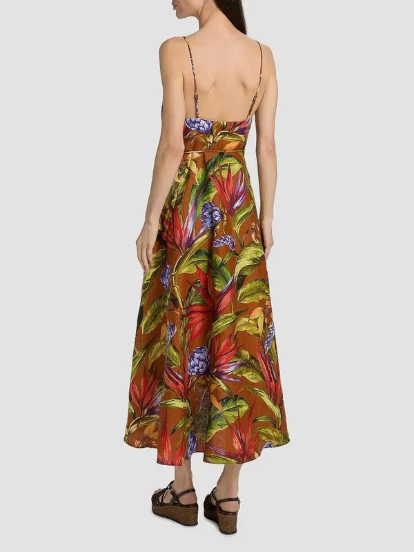 Farm Rio Floral Linen A-line Midi-wrap Dress